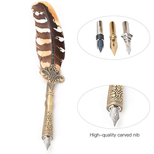 Feather Quill Pen Vintage Feather Dip Ink Pen Set Calligraphy Dip Pen + 3 Nibs + Ink Bottle(Empty) Birthday Gift Set