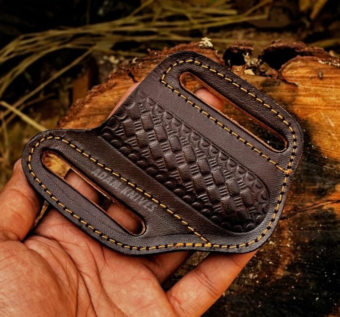 ADAM KNIVES Leather Pocket Knife Sheath For Belt, Slanted Sheath, Tooled Leather Sheath, Beautiful Folding/Trapper Knife Leather Cover 100% Real Leather (Dark Brown)