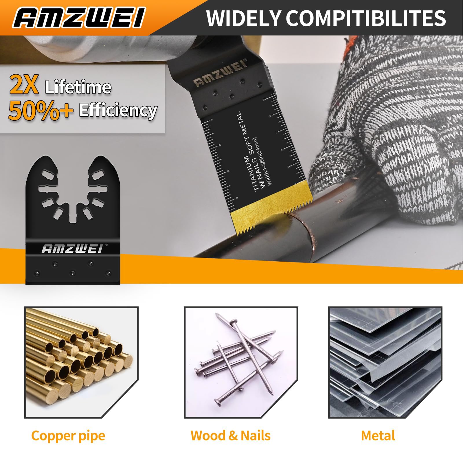 AMZWEI 50PCS Multi Tool Blade Kits, Professional Titanium Oscillating Tool Blades for Metal, Wood, Plastic, Curved Edge Oscillating Saw Blades Compatible with Dewalt Milwaukee Ryobi Rockwell Fein