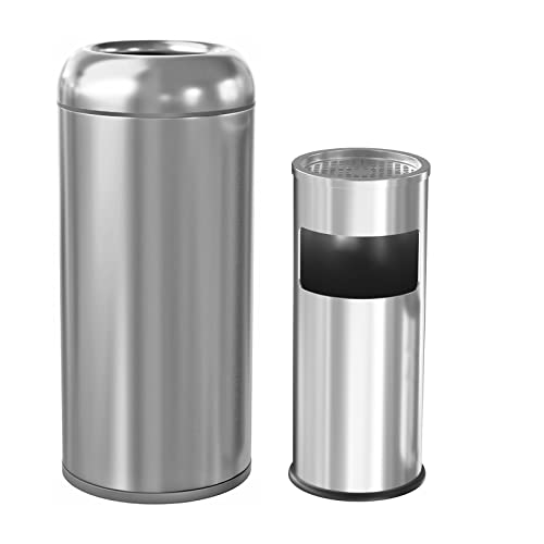 BEAMNOVA Bundle Metallic 15 x 31.5 in + Metallic 9.8 * 2.4 in Trash Can Outdoor Indoor Garbage Enclosure with Lid Inside Barrel Stainless Steel Industrial Waste Container