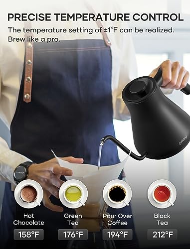 Gooseneck Electric Kettle, Offacy Pour Over Tea Kettles with LED Screen, ±1℉ Temperature Control, Full 304 Stainless Steel, Quick Heating, Hold, Mute, 0.68mm V-Shaped Spout, Hot Water Boiler, 0.9L