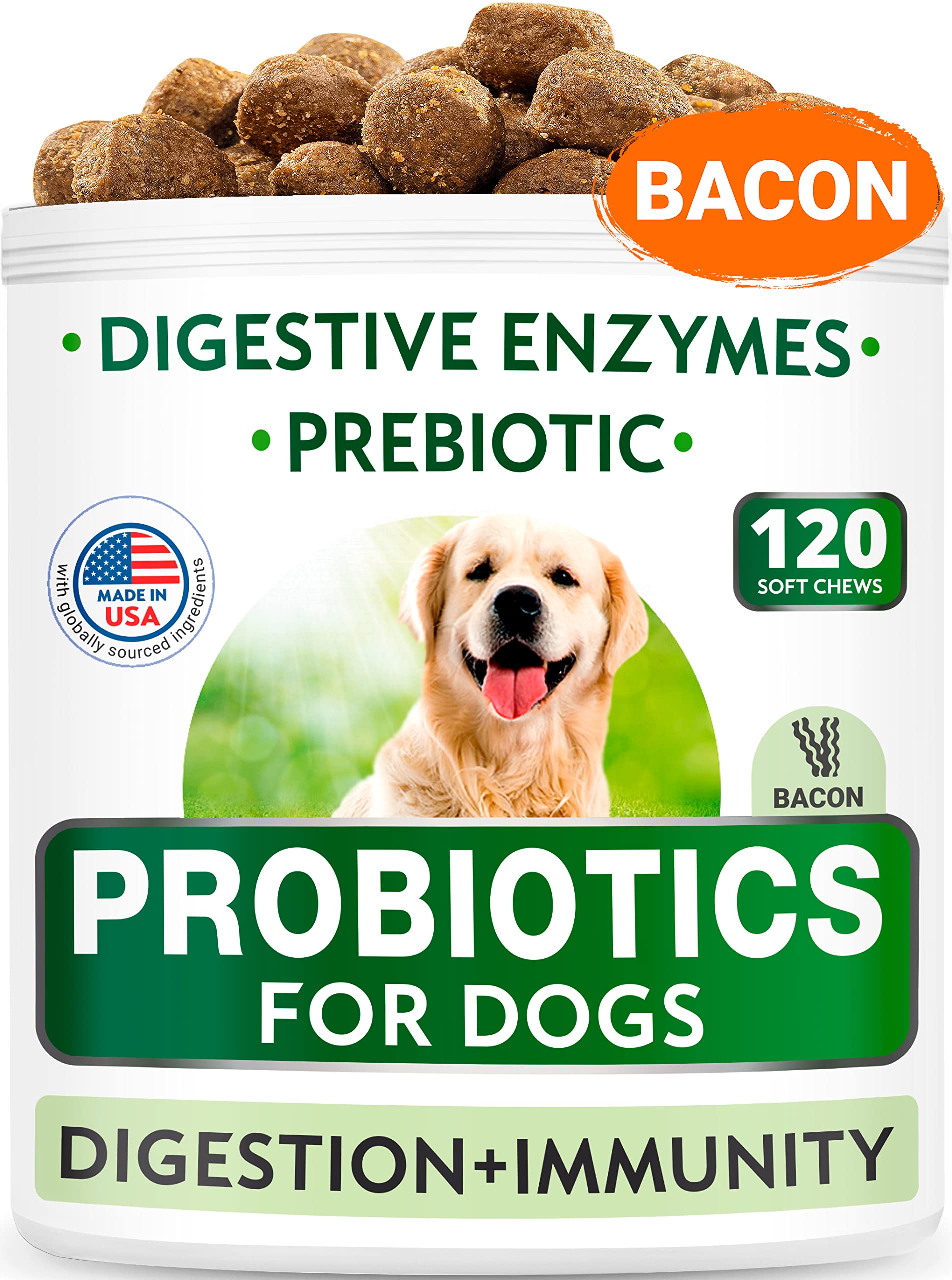 Dog Probiotics Chews Bundle - Gas, Diarrhea, Allergy, Constipation, Upset Stomach Relief - Digestive Enzymes + Prebiotics - Improve Digestion - 120 + 120 Chews - Chicken + Bacon Flavor - Made in USA