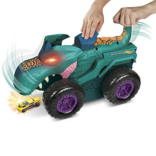 Hot Wheels Monster Trucks Car Chompin' MEGA-Wrex, Large Toy Monster Truck & 1:64 Scale Toy Car, "Eats" & "Poops" 1:64 Scale Vehicles