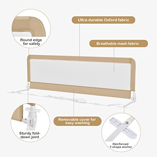 HONEY JOY Bed Rail for Toddlers, 71-in Extra Long, Portable Safety Bed Guardrail w/Double Safety Child Lock, Foldable Baby Bed Rail Guard, Fit King & Queen Full Twin Size Bed Mattress(Beige, Pack 1)