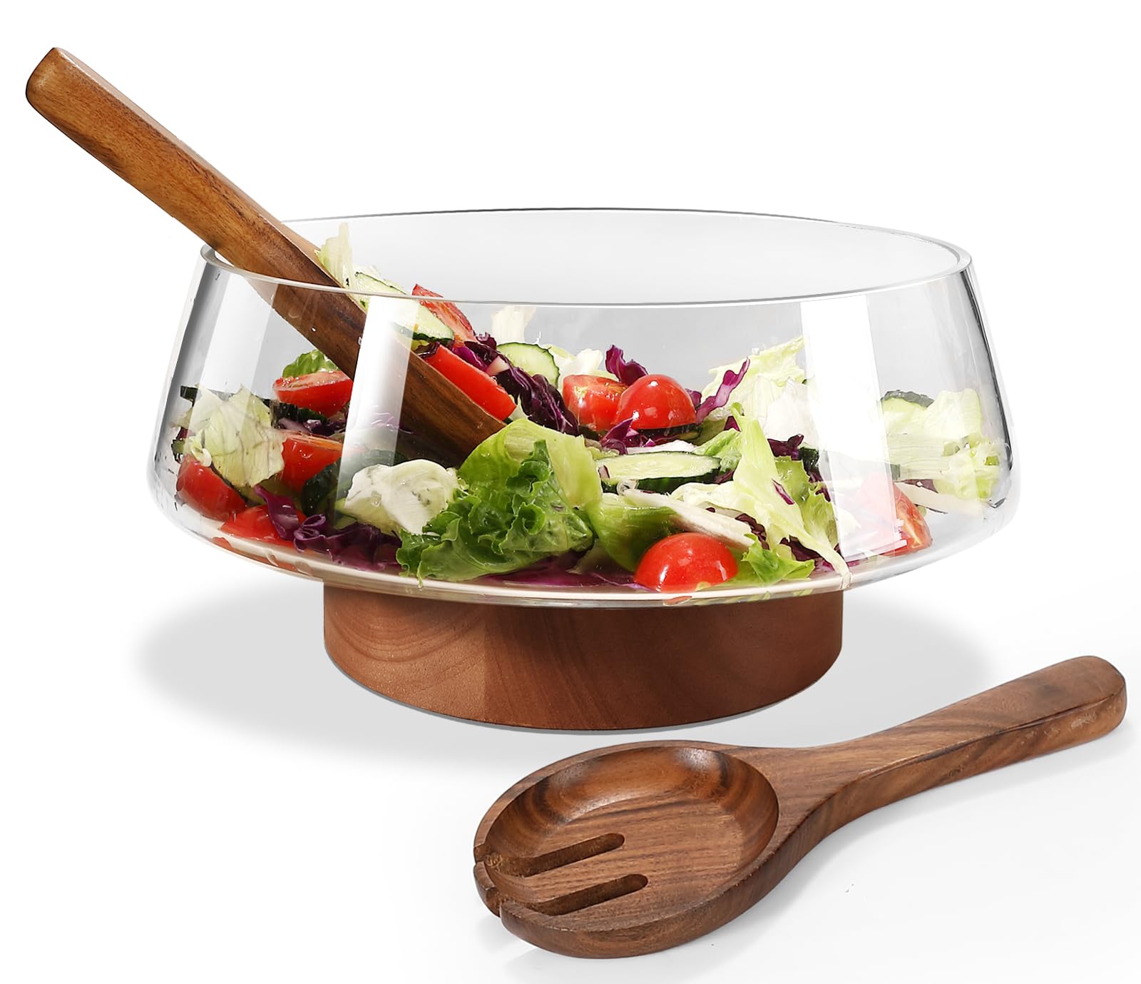 Airsent Glass Salad Bowl Set with Wood Base Servers, Large 160 oz Hand Blown Glass Bowl Kitchen Must Haves, Big Serving Bowl Elegance Trifle Bowl Glass, Wooden Kitchen Utensils for Party