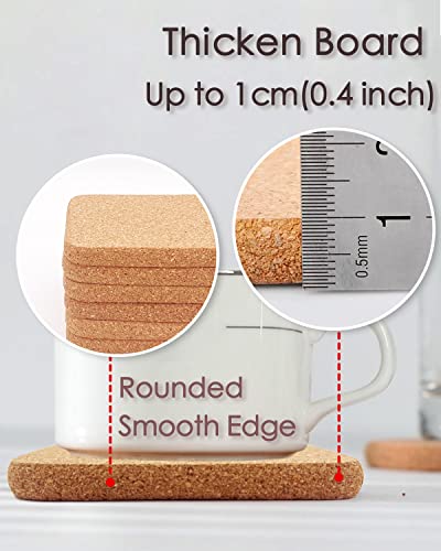 Cork Coasters for Drinks, 8 Pcs Square Extra Thick Absorbent Cork Coaster Sets, Round Edge Drink Coaster, Cup Coasters for Kinds of Cups, Housewarming Gifts, Home Decor, 4 x 4 Inches