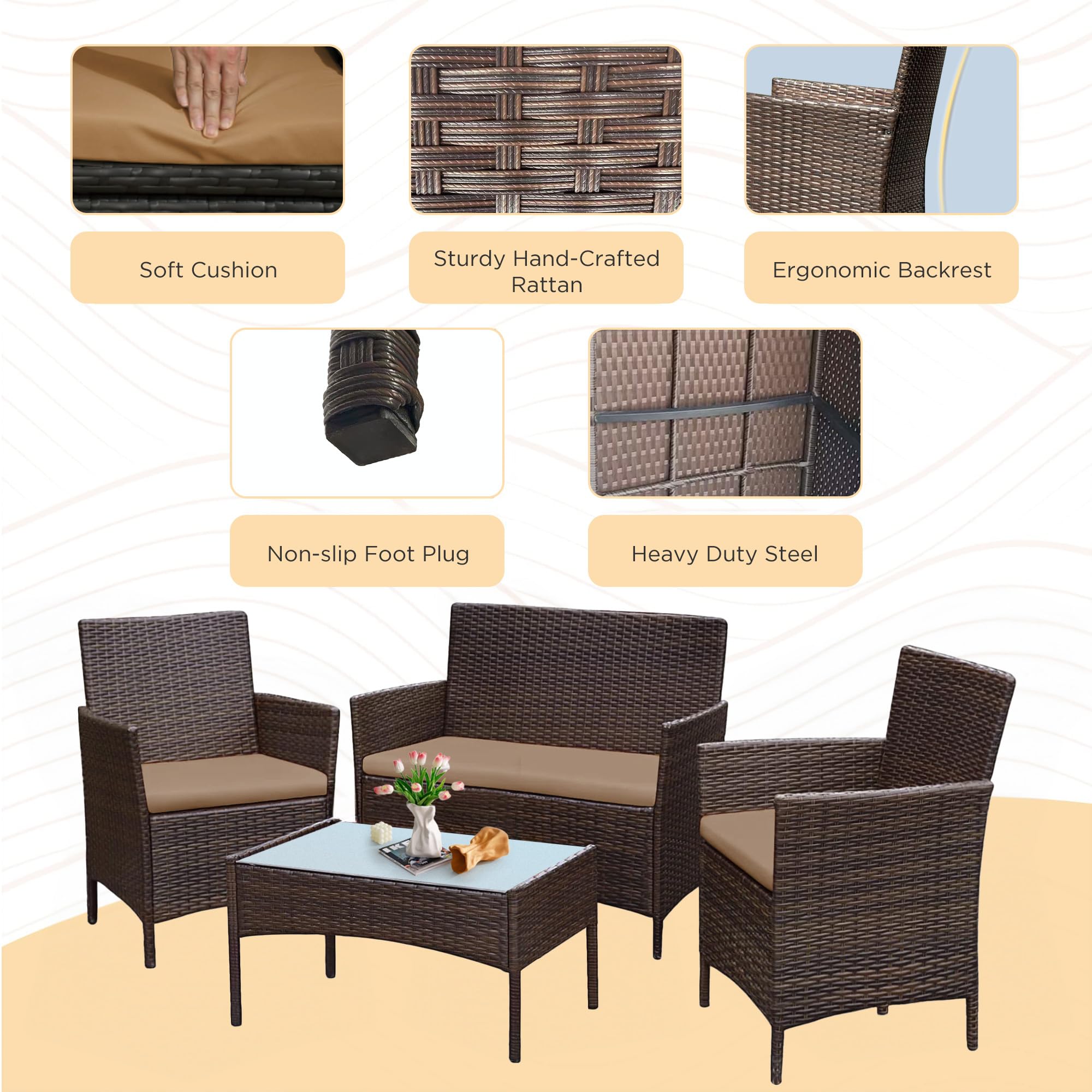 PROHIKER 4 Piece Outdoor Wicker Patio Conversation Furniture Set, Rattan Chair Wicker Sofa Garden Conversation Sets with Cushion and Glass Table for Yard Pool or Backyard, Brown/Khaki