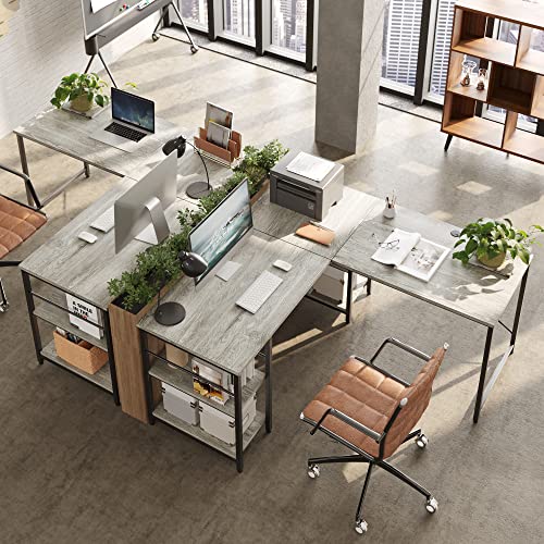Bestier L Shaped Desk with Shelves 95.2 Inch Reversible Corner Computer Desk or 2 Person Long Table for Home Office Large Gaming Writing Storage Workstation P2 Board with 3 Cable Holes, Grey Oak