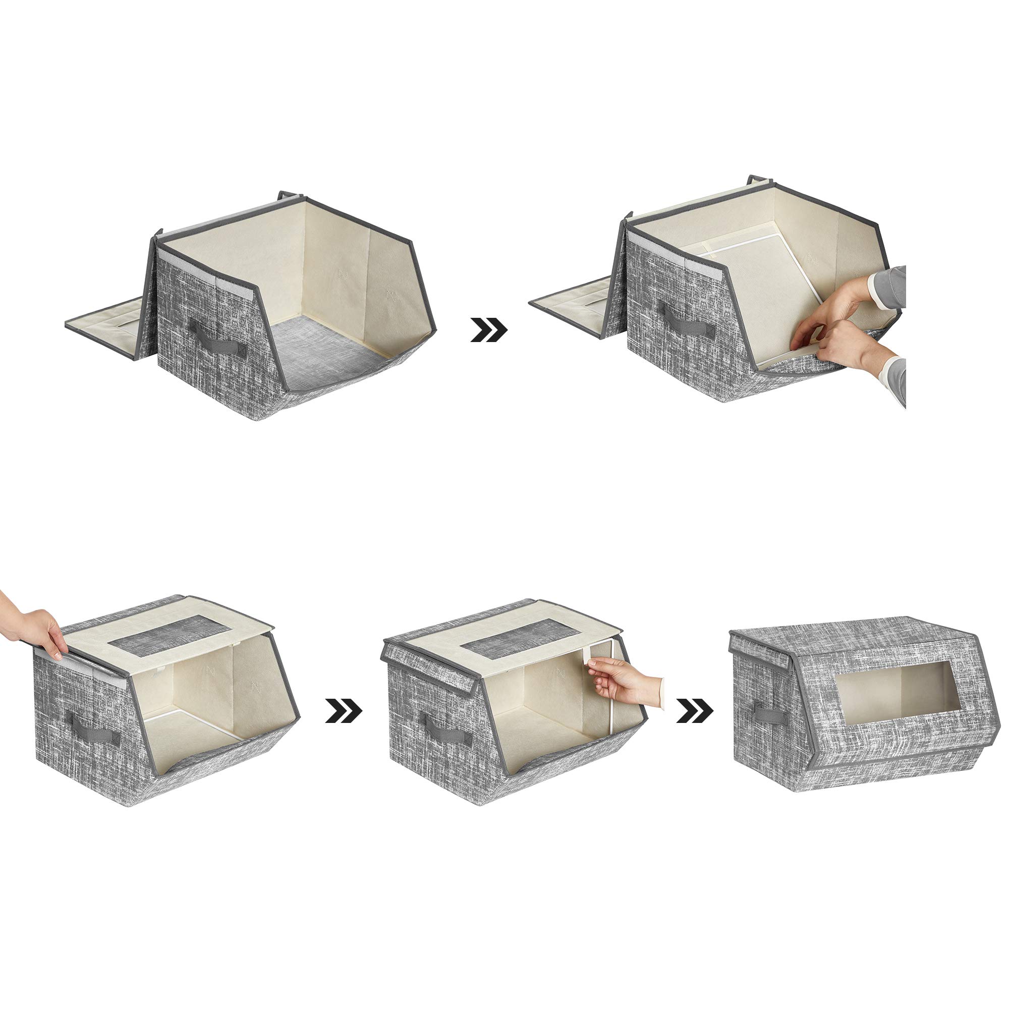 SONGMICS Stackable Storage Bins Set of 2, Fabric Storage Boxes with Lids, Storage Cubes with Magnetic Closures, Front Windows, Lids Can Stay Open after Stacking, Light Gray URLB002G02
