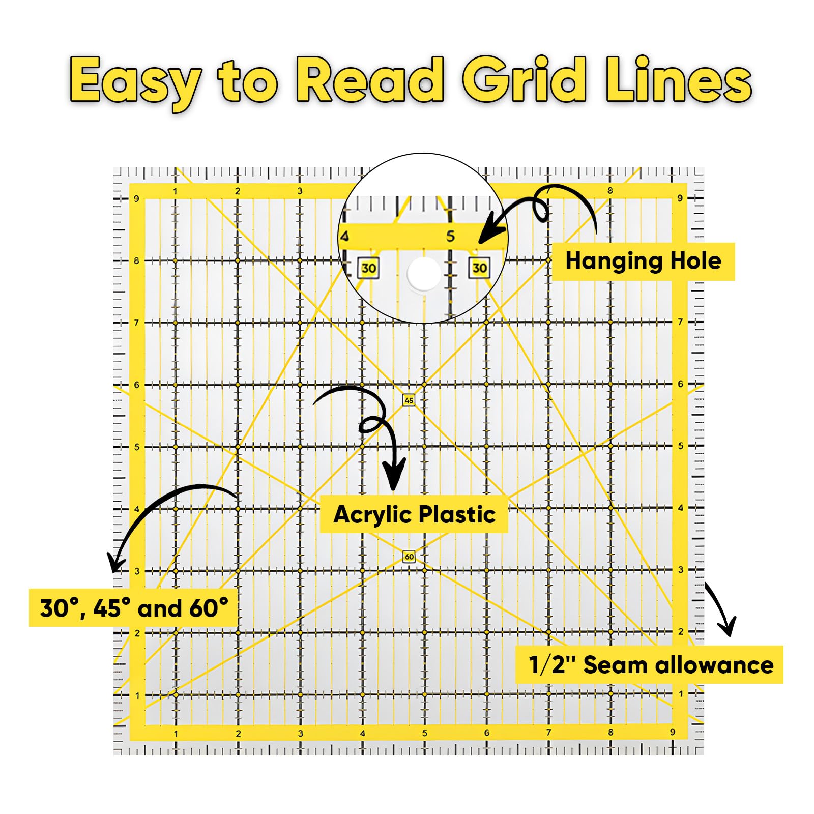 7 PCS Acrylic Quilting Ruler Set, Non Slip Rings 50 Pieces, Fabric Cutting Ruler with Double-Colored Grid Lines, Clear Mark Square Acrylic Ruler Quilting Templates for Sewing, Drawing and Crafts