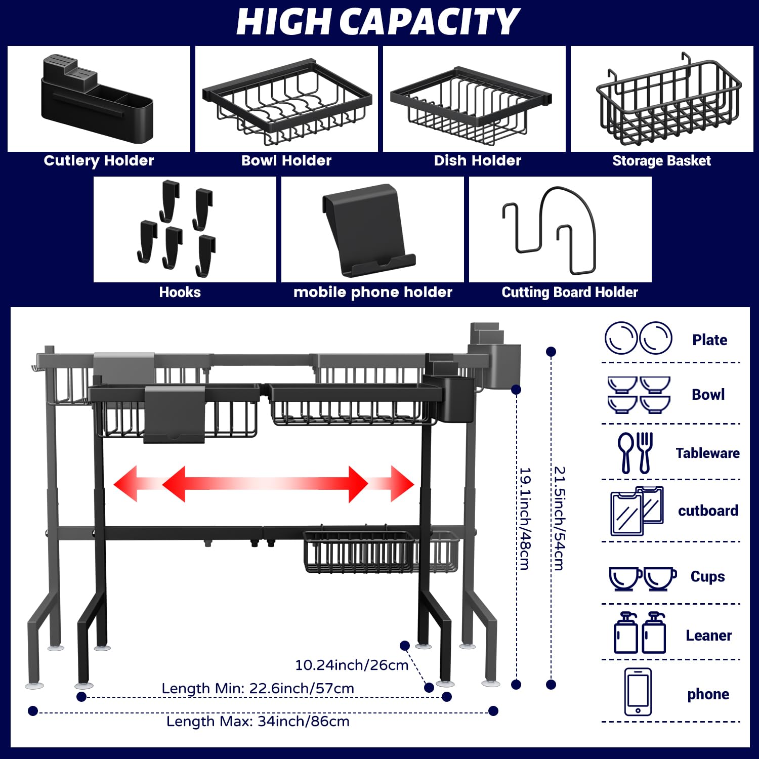 ADBIU Over The Sink Dish Drying Rack (Expandable Height and Length) Snap-On Design 2 Tier Large Dish Rack