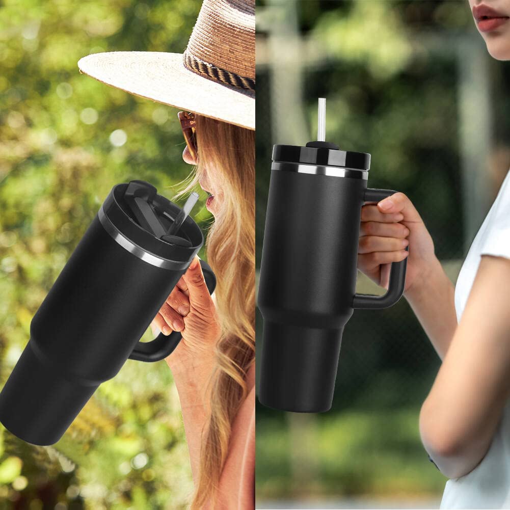 40 Oz Insulated Stainless Steel Tumbler with Handle and Straw Lid - Reusable Water Bottle for Hot and Cold Beverages (Beige)