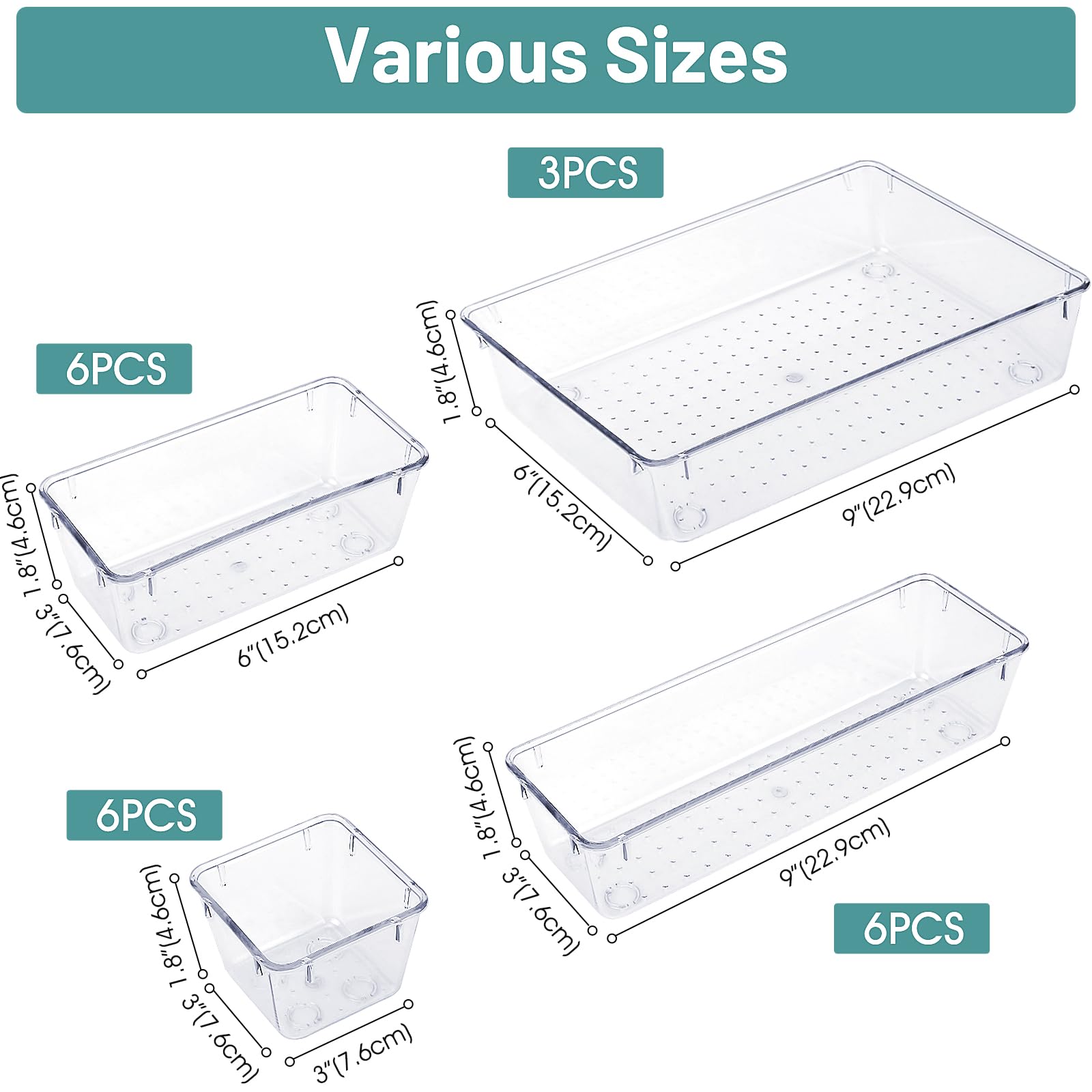 WOWBOX 21 PCS Clear Plastic Drawer Organizer Set, 4 Sizes Desk Drawer Divider Organizers and Storage Bins for Makeup, Jewelry, Gadgets for Kitchen, Bedroom, Bathroom, Office