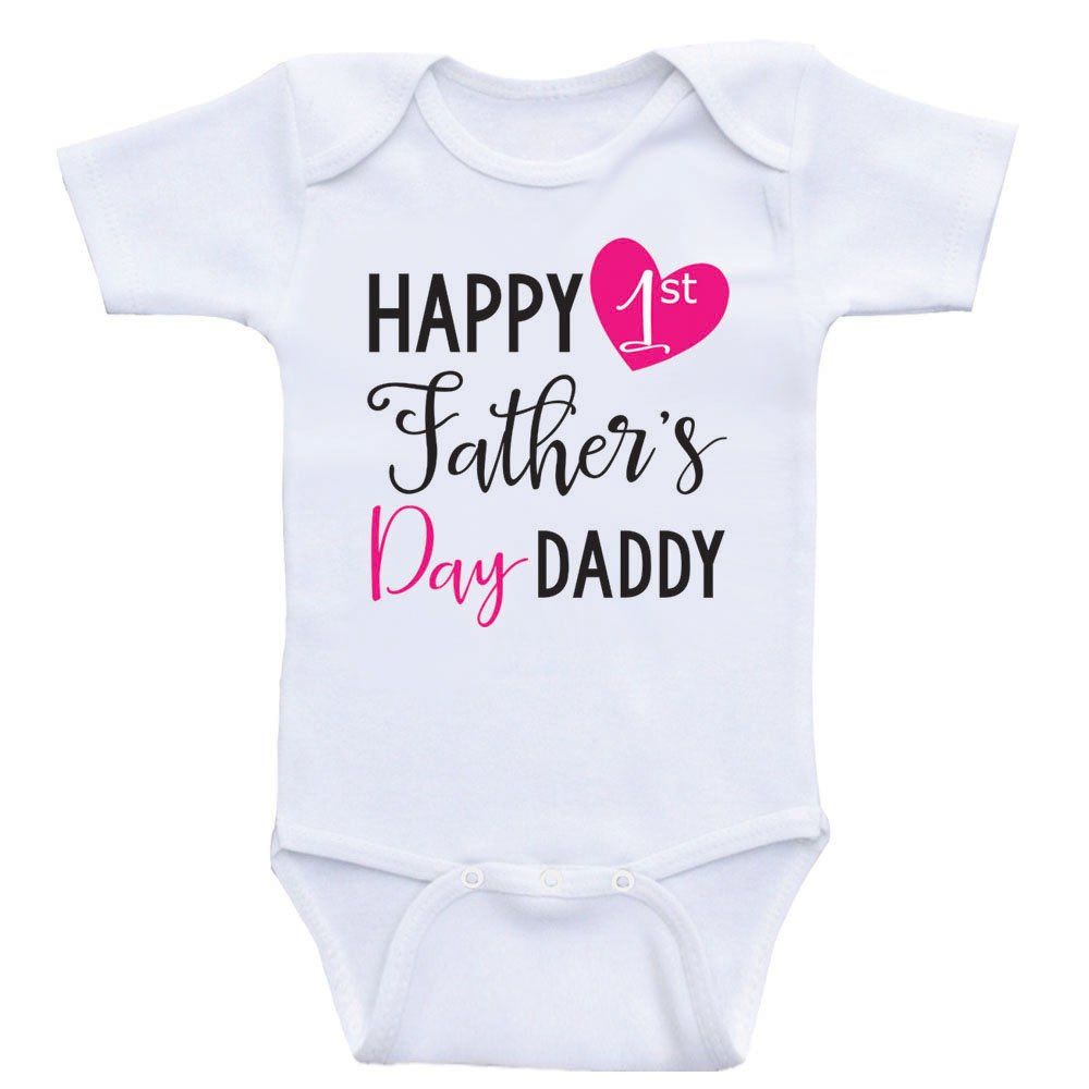 Heart Co Designs Happy 1st Father's Day Daddy - OnePiece Baby Bodysuit Romper Clothes (9mo-Short Sleeve, Hot Pink Text)