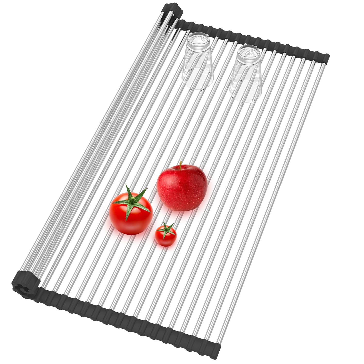 BBXTYLY Extra Large Expandable Roll Up Dish Drying Rack,Over The Sink Drying Rack Sink Cover Kitchen Sink Accessories Kitchen Rolling up Stainless Steel Drainer, Foldable,Rollable(Black,25.1''-17.3'')
