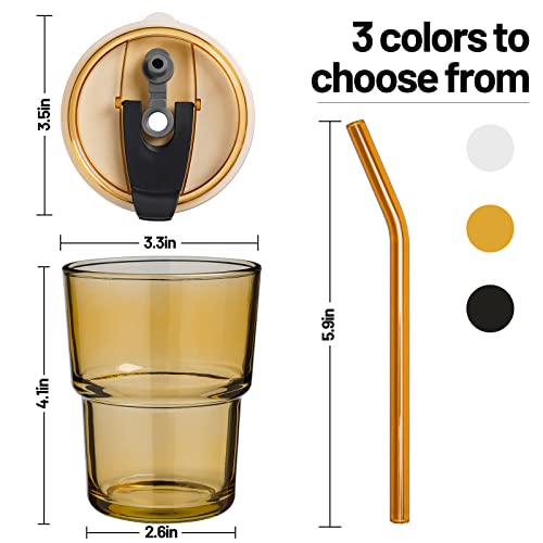 cosnou 13 OZ/400ML Ice Coffee Glass Tumbler with Straw and Lid Sealed Carry On, Thick Wall Water Glass Cup Mug Tea (Amber)