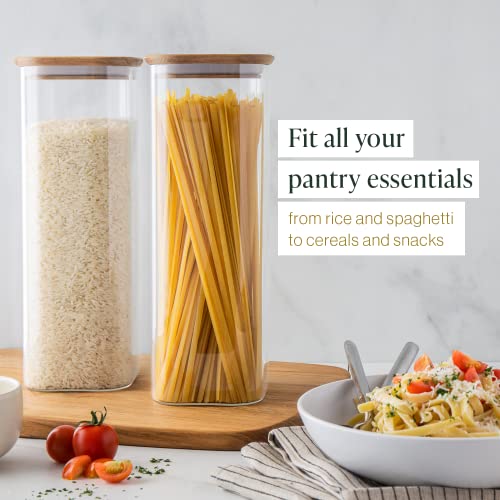 Bloom & Breeze Airtight Glass Pasta Containers for Pantry, Spaghetti Container, Glass Cereal Containers Storage, Rice Dispenser, Square Glass Storage Acacia Lids, Pack of 2, 73oz