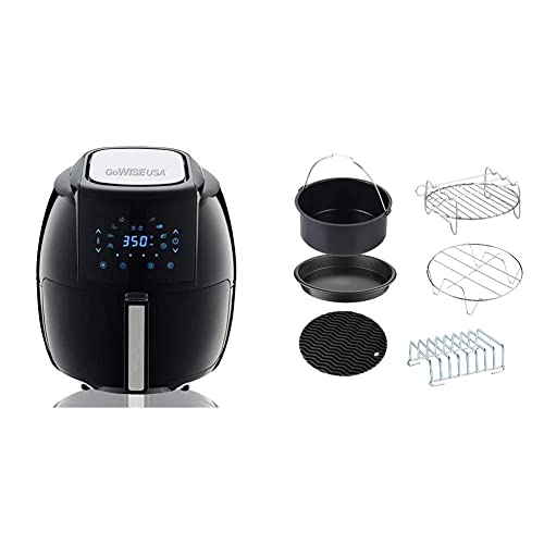 GoWISE USA 1700-Watt 5.8-QT 8-in-1 Digital Air Fryer with Recipe Book, Black & Standard 6-Piece Air Fryer Accessory Kit for 2.75-4 Quarts, Small, Universal