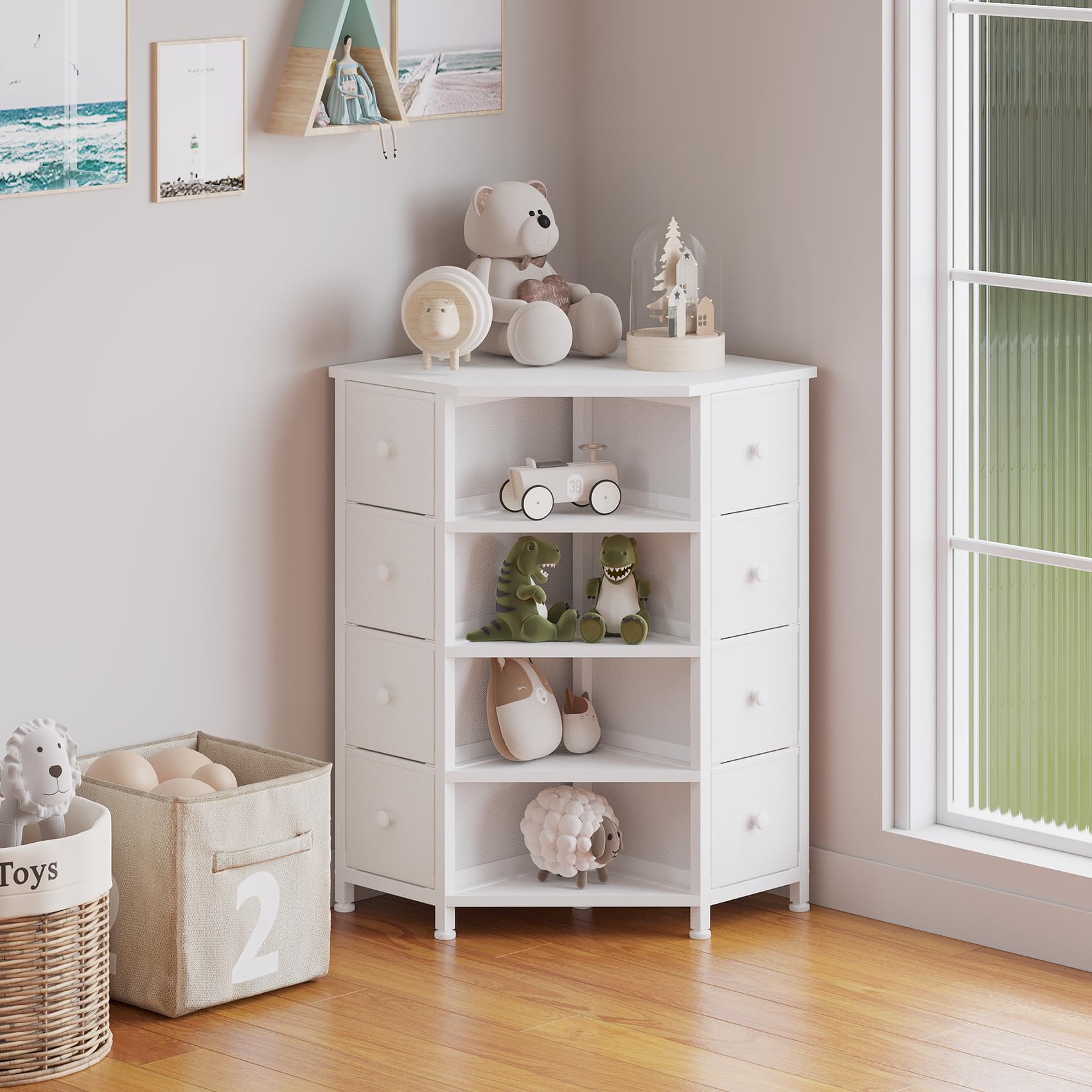 LUMTOK 8 Drawers Corner Dresser with Storage Fabric Drawers and Open Shelves for Small Space,Bedroom,Entryway,Living Room(White)
