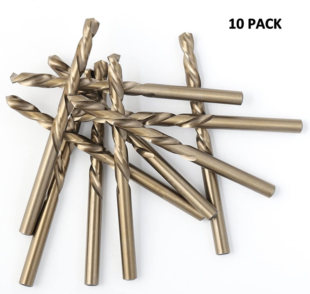aiyun 1/8" Cobalt Drill Bits, 10 Pack M35 Jobber Length Twsit Drill Bit Set for Hard Metal, Stainless Steel (1/8")