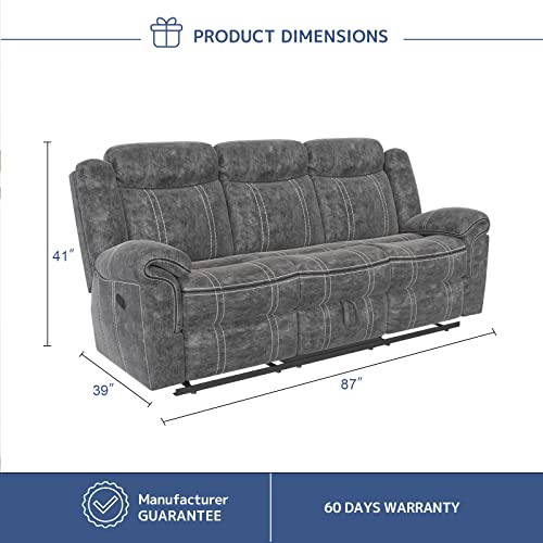 Acme Furniture Zubaida 41" x 87" Modern Velvet Reclining Sofa with USB Dock, 1 Storage Drawer, Tight Back & Seat Cushion, in 2-Tone Gray Finish