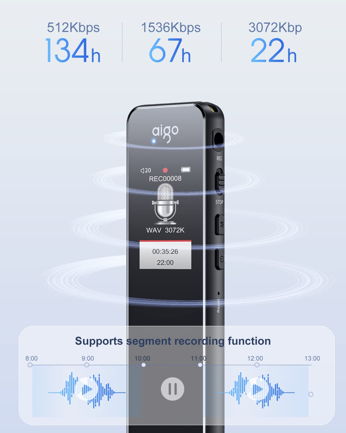 aigo 32GB Digital Voice Recorder 3072kbps one-Key Recording Password Protection 134 Hours Recording MP3 Player for Lectures Meetings Interviews