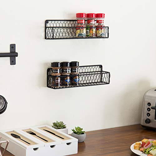 MyGift Wall Spice Racks, 12-Inch Black Chicken Wire Hanging Kitchen Seasoning Condiment Organizer Shelf, Set of 2