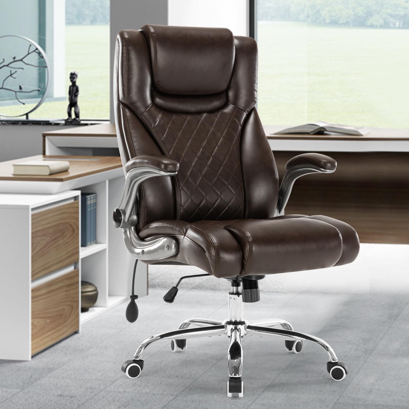 Seevoo Executive Office Chair Desk Swivel Chair High Back Computer Chair - Adjustable Lumbar Support with Flip-Up Arms PU Leather Chair with Spring Cushion (Brown)