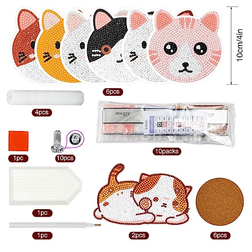 FEELOOK Diamond Painting Coasters with 3D Holder 6Pcs Cat Coasters DIY Diamond Art Crafts for Adults Kids and Beginners Art Craft Supplies Gift