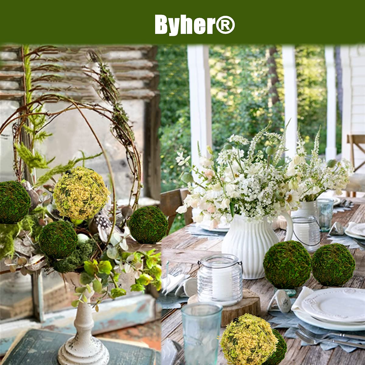 BYHER Natural Preserved Moss Hanging Ball Vase Bowl Filler for Garden, Wedding, Party Decoration (3.5"(6 Pack), Green)