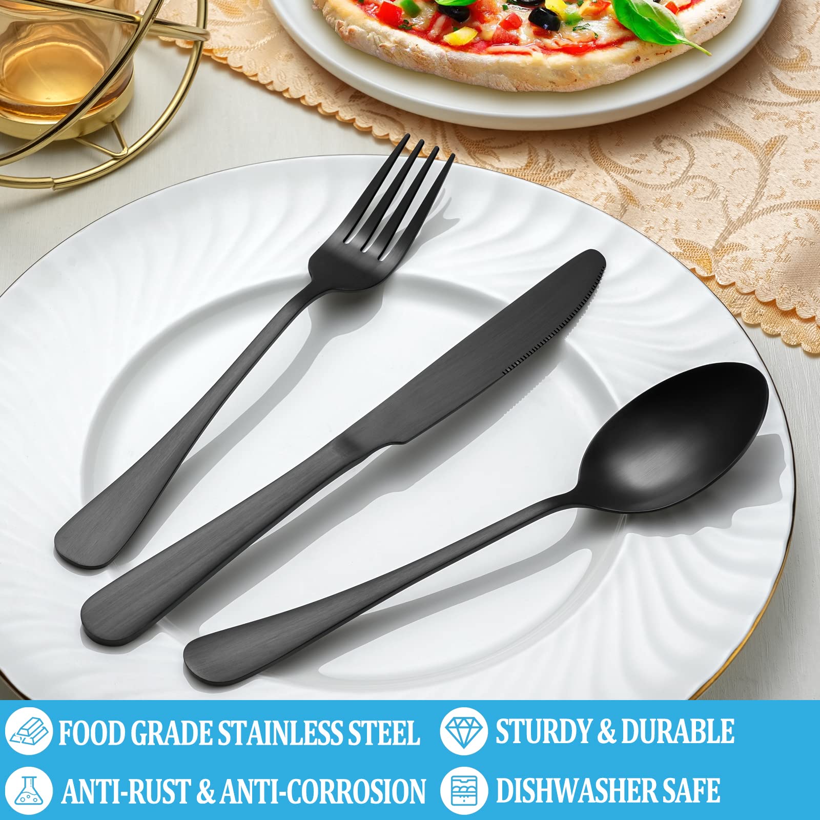 40 Piece Matte Black Silverware Set,Stainless Steel Flatware Cutlery Set Service for 8,Kitchen Tableware Set,Utensil Set for Home and Restaurant,Knives Forks Spoons Set,Satin Finish,Dishwasher Safe