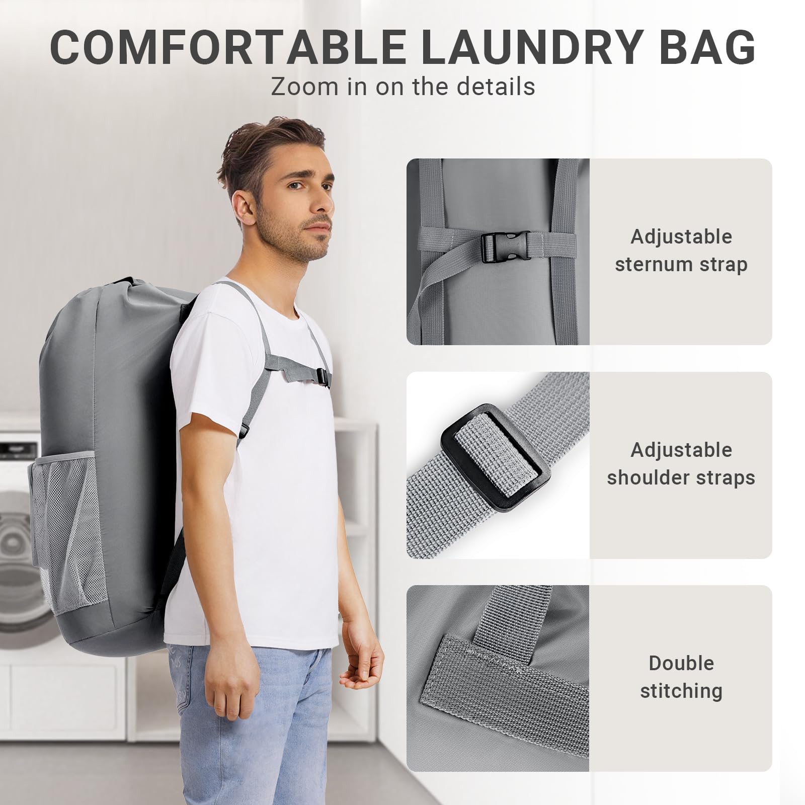 Aisbei 100L Foldable Laundry Bag Backpack with Chest Straps-Large Travel Laundry Bag for Dirty Clothes-Laundry Hamper Bag for College Apartment Laundromat Dorm Room Camping Essentials(Grey)