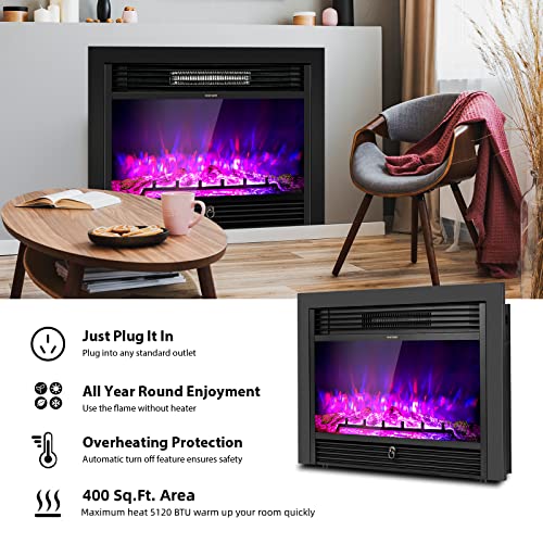 COSTWAY 28.5-Inch Electric Fireplace Inserts, 750W/1500W Wall Recessed and Freestanding Fireplace with 3 Flame Colors, 5 Brightness Settings, 8H Timer, Remote Control, Fireplace Heater for Indoor Use