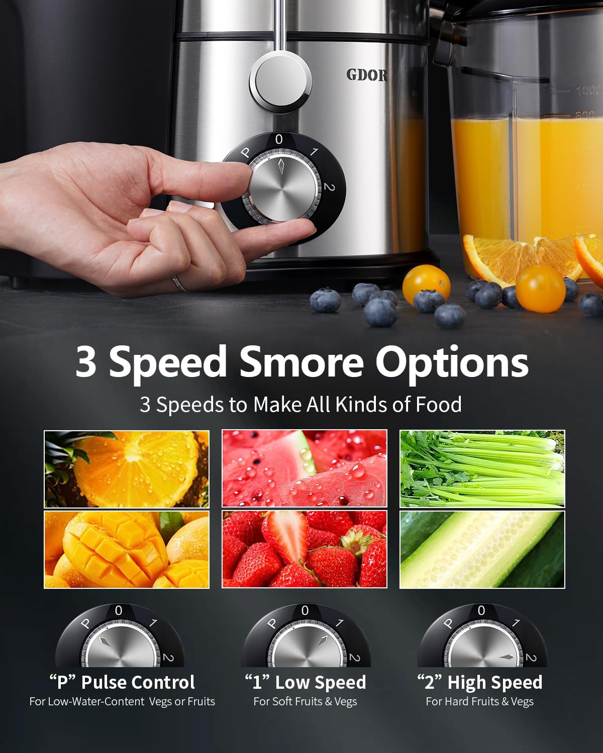 GDOR 1200W Juicer with 3-Speed Setting, Extra Large 3.4β Feed Chute Juicer Machines for Whole Fruits and Veggies, Centrifugal Juicer with 34 Oz Juice Pitcher, BPA-Free, Easy to Clean, Silver