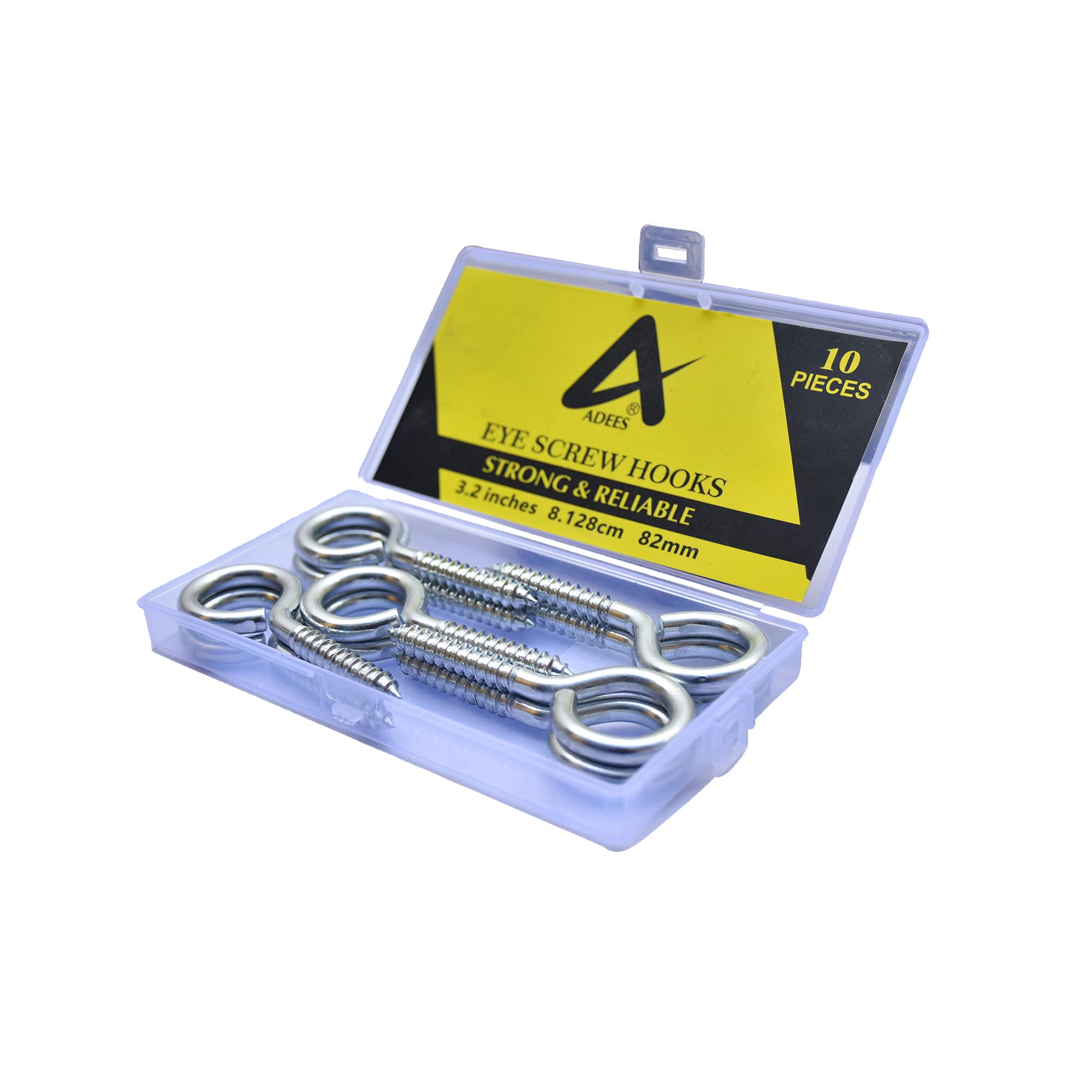 ADEES Pack of 10 Eye Hooks Screw 3.2 Inches for Load Lifting, Securing Cables, Chains & Ropes | Heavy Duty Eye Bolt for Indoor Outdoor Use | Self-Tapping Eye Screws Made to Last