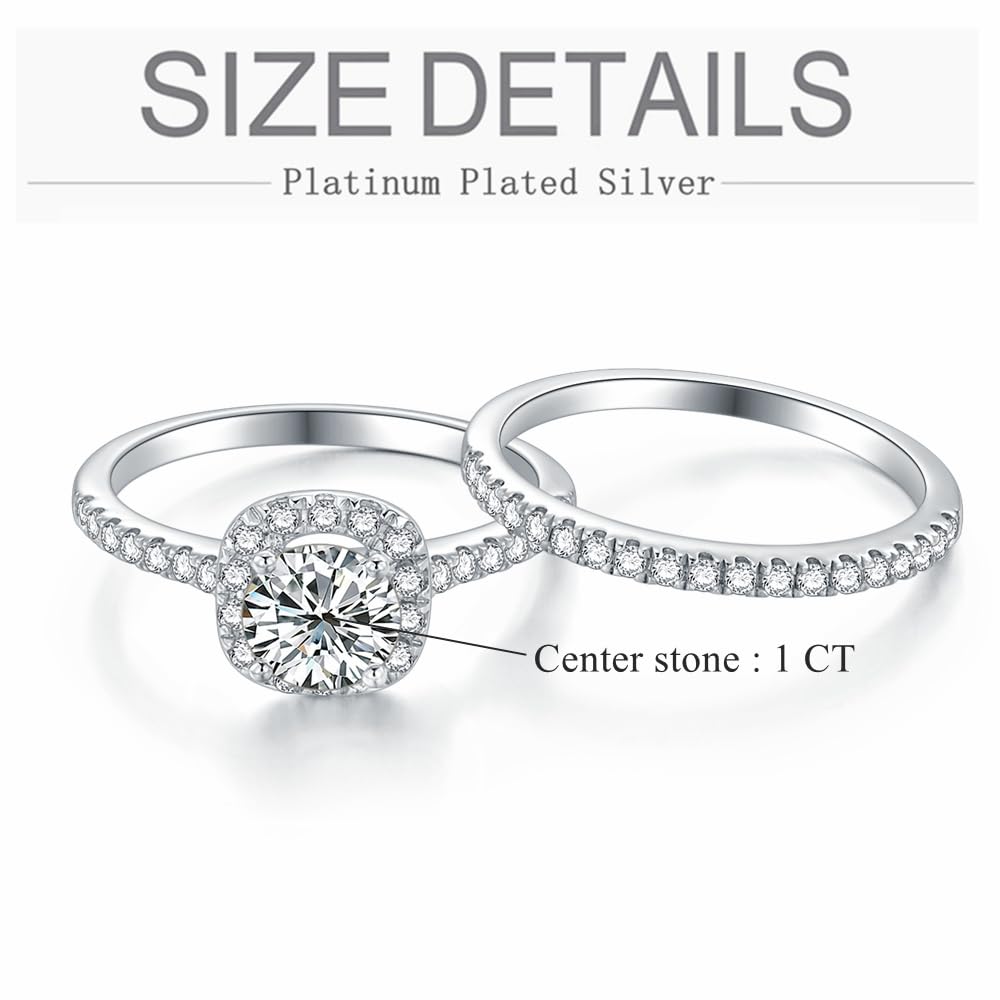 Halo Wedding Ring Set for Women Bridal Sets Wedding Rings Platinum Plated Silver, 1-1/2 Carat (ctw) Moissanite Engagement Ring Set White Gold Anniversary Promise Rings(size 7)