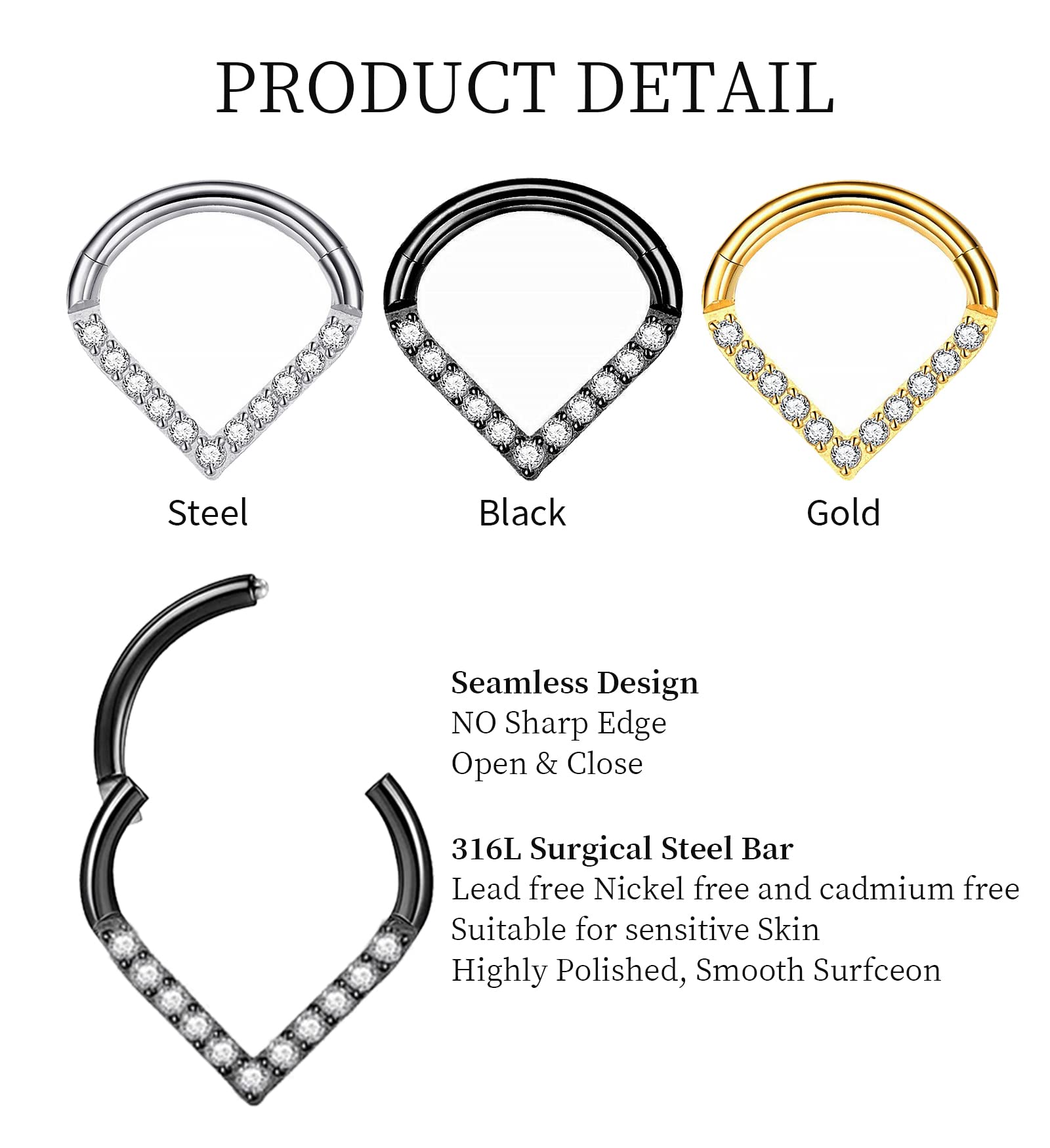 AJEVIE V Shape Nose Rings Hoops - 316L Surgical Steel Cartilage Earrings Piercing Jewelry 8mm-10mm Hinged Segment Rings Lip Rings Piercing Kit