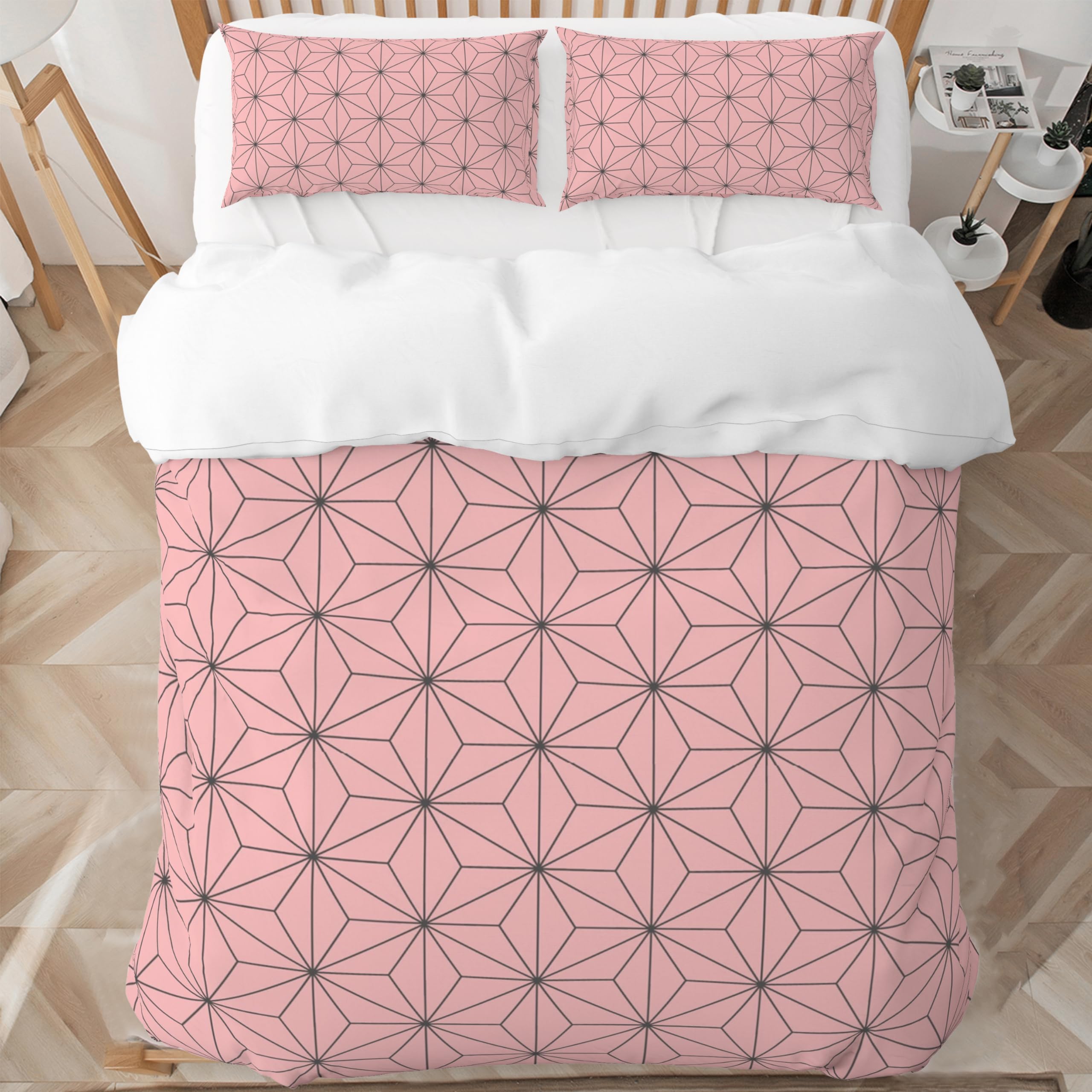 Anime Bedding Set Duvet Cover, 3 Piece Soft Brushed Microfiber 68x90 Inches, 1 Duvet Cover with Zipper Closure and 2 Pillow Shams (Pink,Twin)