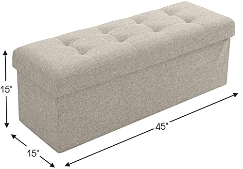 Ornavo Home Foldable Tufted Linen Large Storage Ottoman Bench Foot Rest Stool/Seat - 15" x 45" x 15" (Beige)