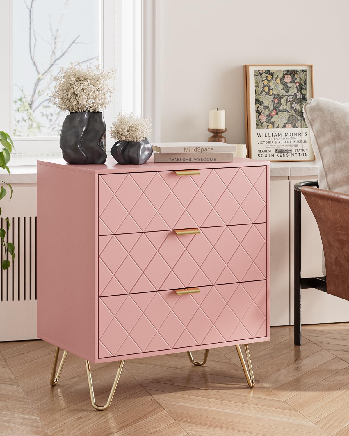 Aobafuir 3 Drawer Dresser for Bedroom, Modern Closet Dressers Chest of Drawers, Storage Dresser Chest Cabinet Organizer Unit, Small Fluted Dresser for Bedroom (Pink Diamond)