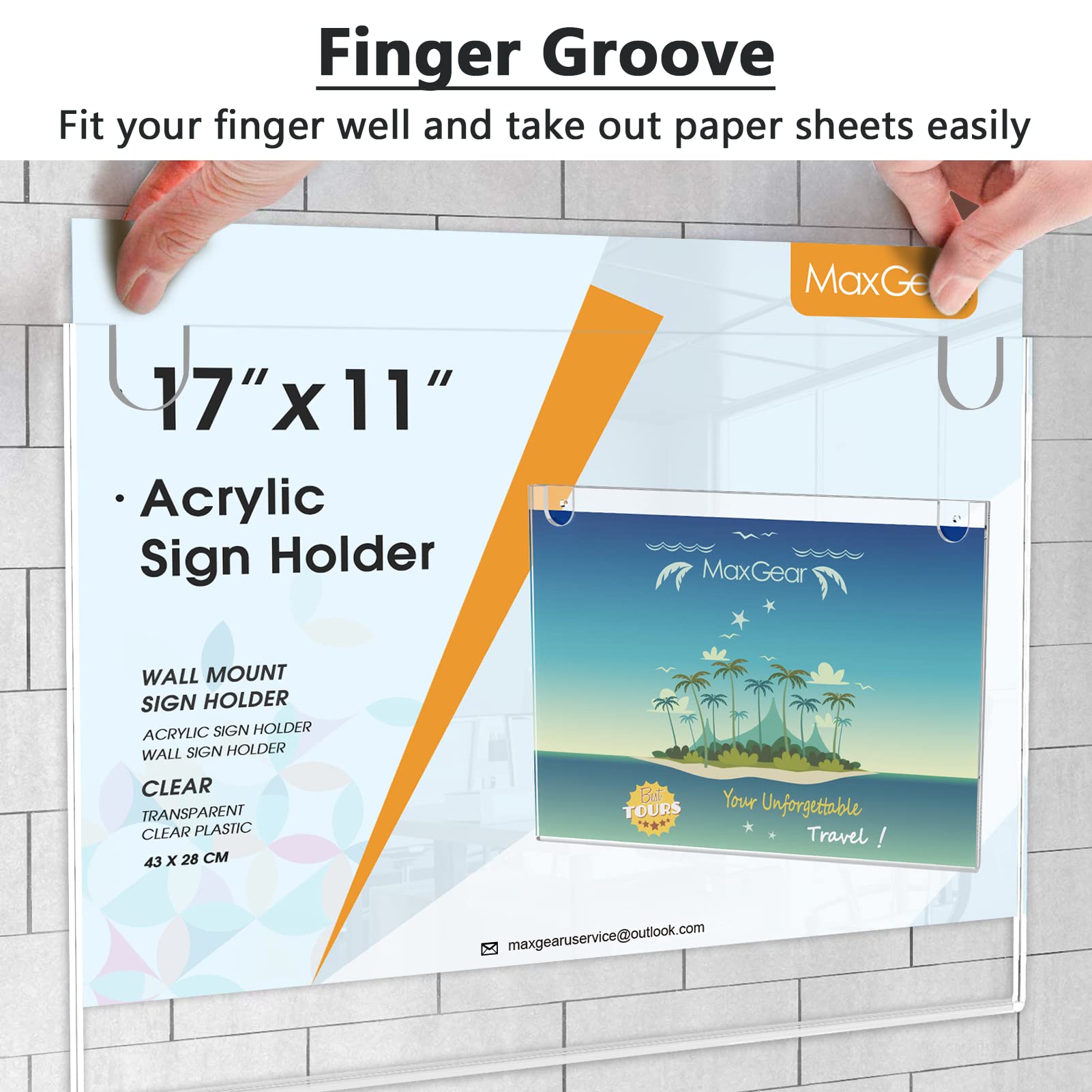 MaxGear Acrylic Sign Holder 11 X 17 Wall Mount Sign Holder Clear Plastic Picture Frames with 3M Tape Adhesive and Screws for Office, Home, Store, Restaurant - Landscape, 6 Pack