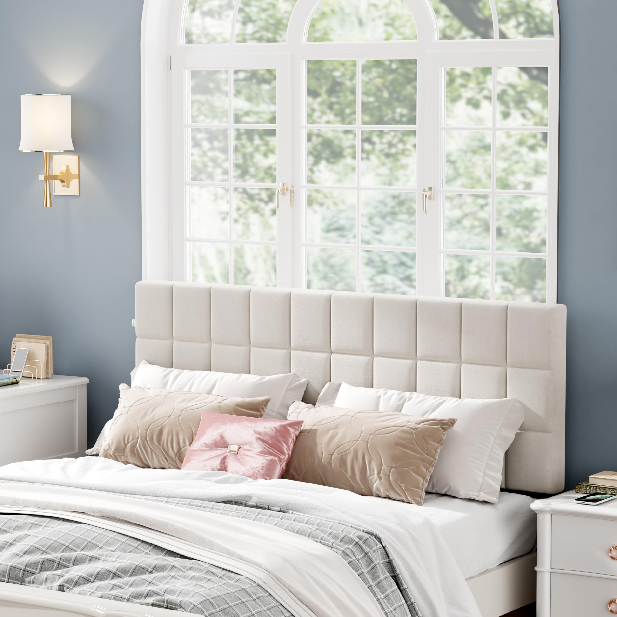 Andeworld Velvet Upholstered Tufted Queen Size Headboard,Wood Head Board with Metal Legs, Adjustable Height from 42β to 56β, Bed Headboard in Modern Design,Backboard for Bed, Beige