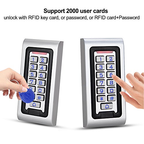 HFeng Standalone IP68 Waterproof RFID Access Control Keypad Metal Card Reader + 10pcs 125KHz Proximity Keychains WG26 2000 Users for Home/Office