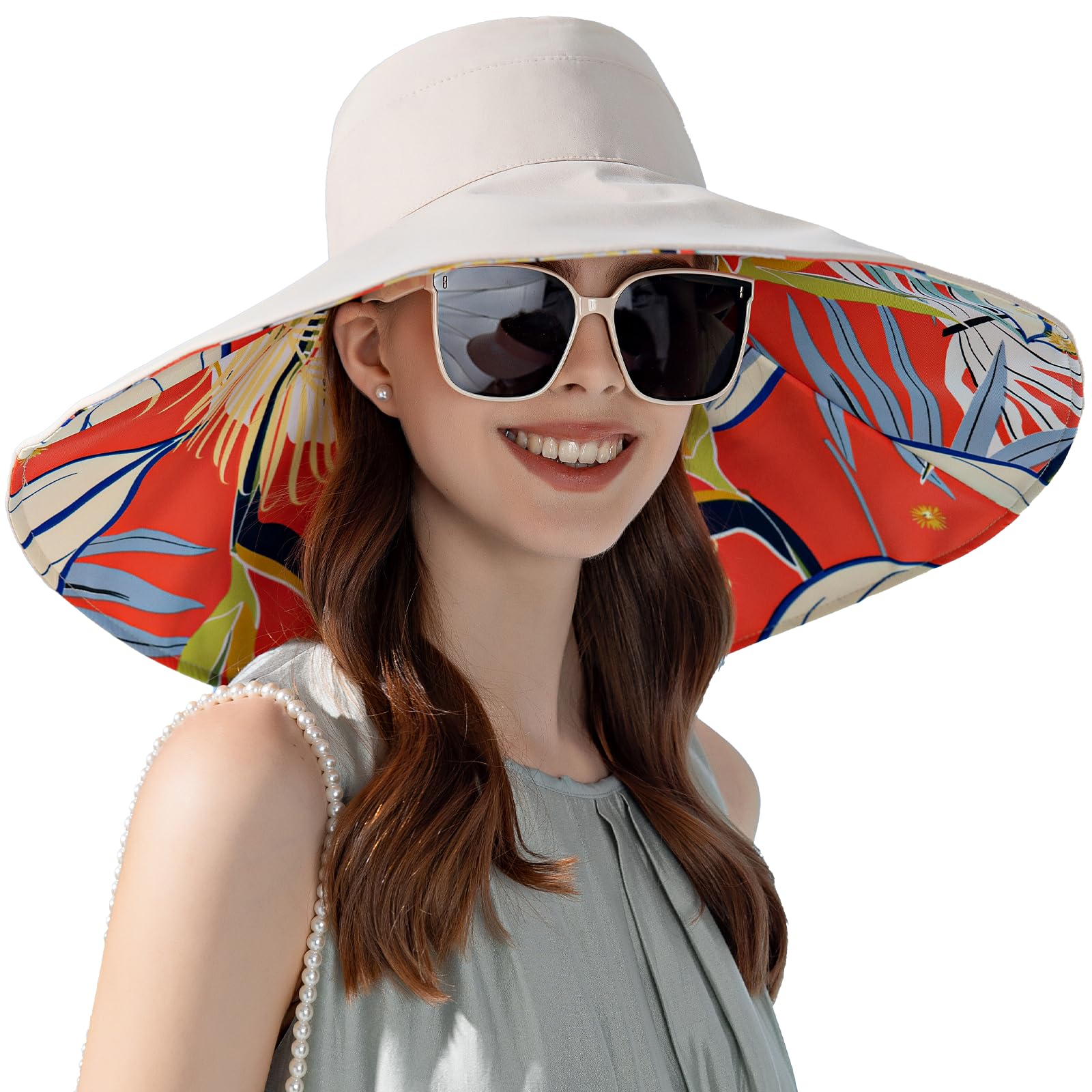 7" Women's Wide Brim Sun Hat, Large Foldable UV Protective Sun Hat, can be worn on both sides, suitable for beach, gardening, travelling, hiking(Flower/Khaki)