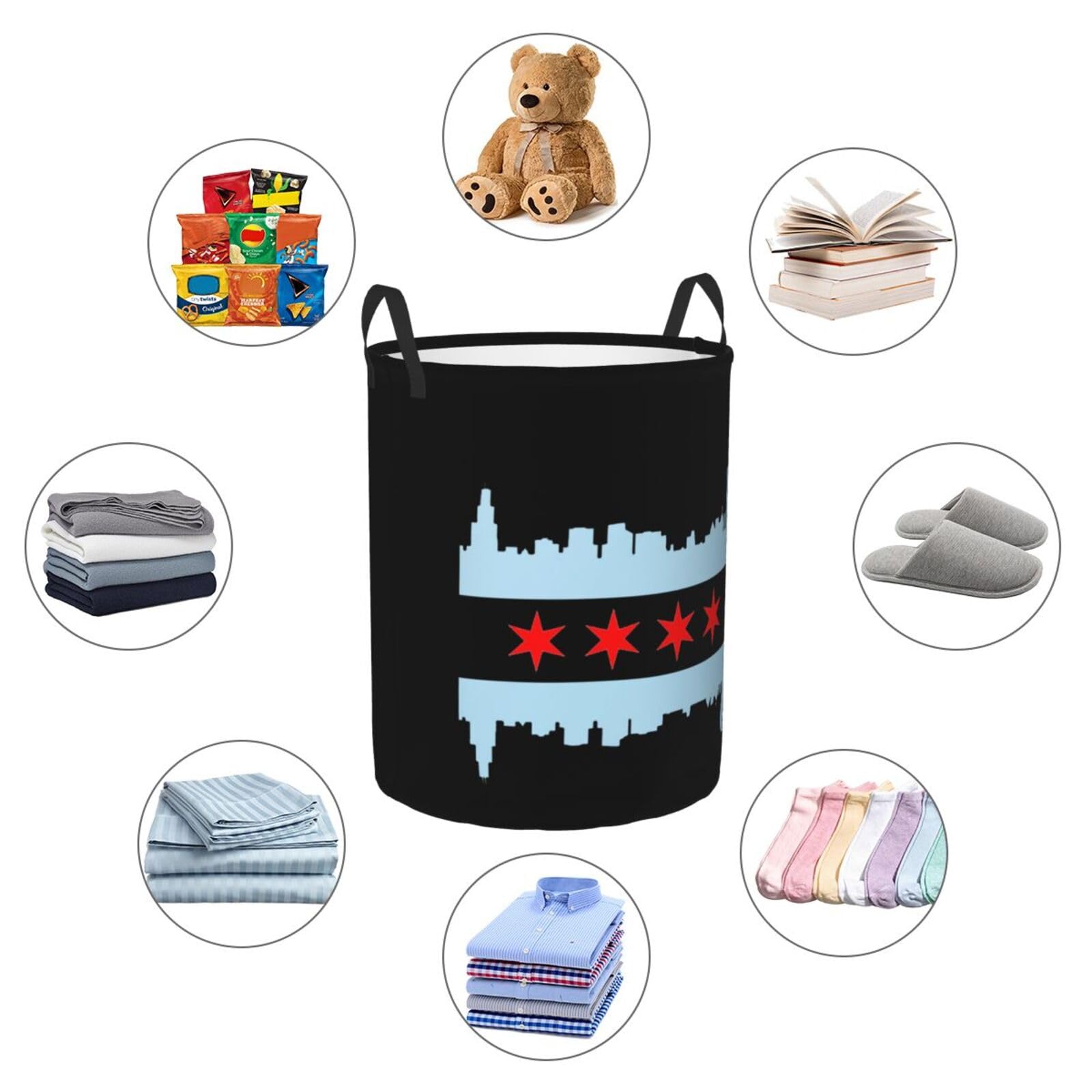 Chicago Flag Skyline Laundry Basket Round Portable Storage Box Organizer Laundry Basket Portable Laundry Organizer