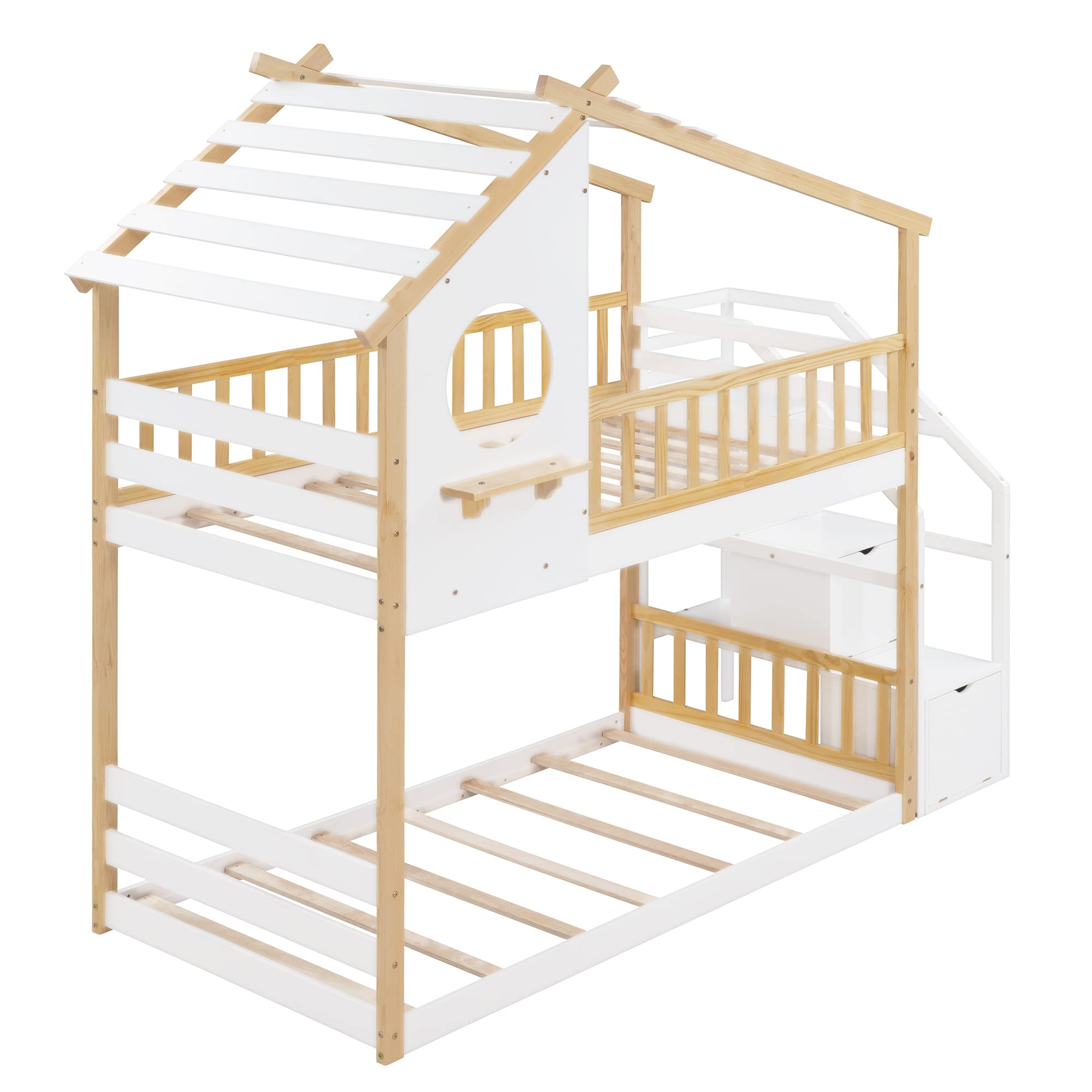 House Bed Bunk Beds with Stairs, Twin Over Twin Bunk Bed with Storage and Guard Rail, Floor Bunk Bed with Roof, Wood Bunk Bed Frame for Kids, Teens, No Box Spring Needed (Natural & White)