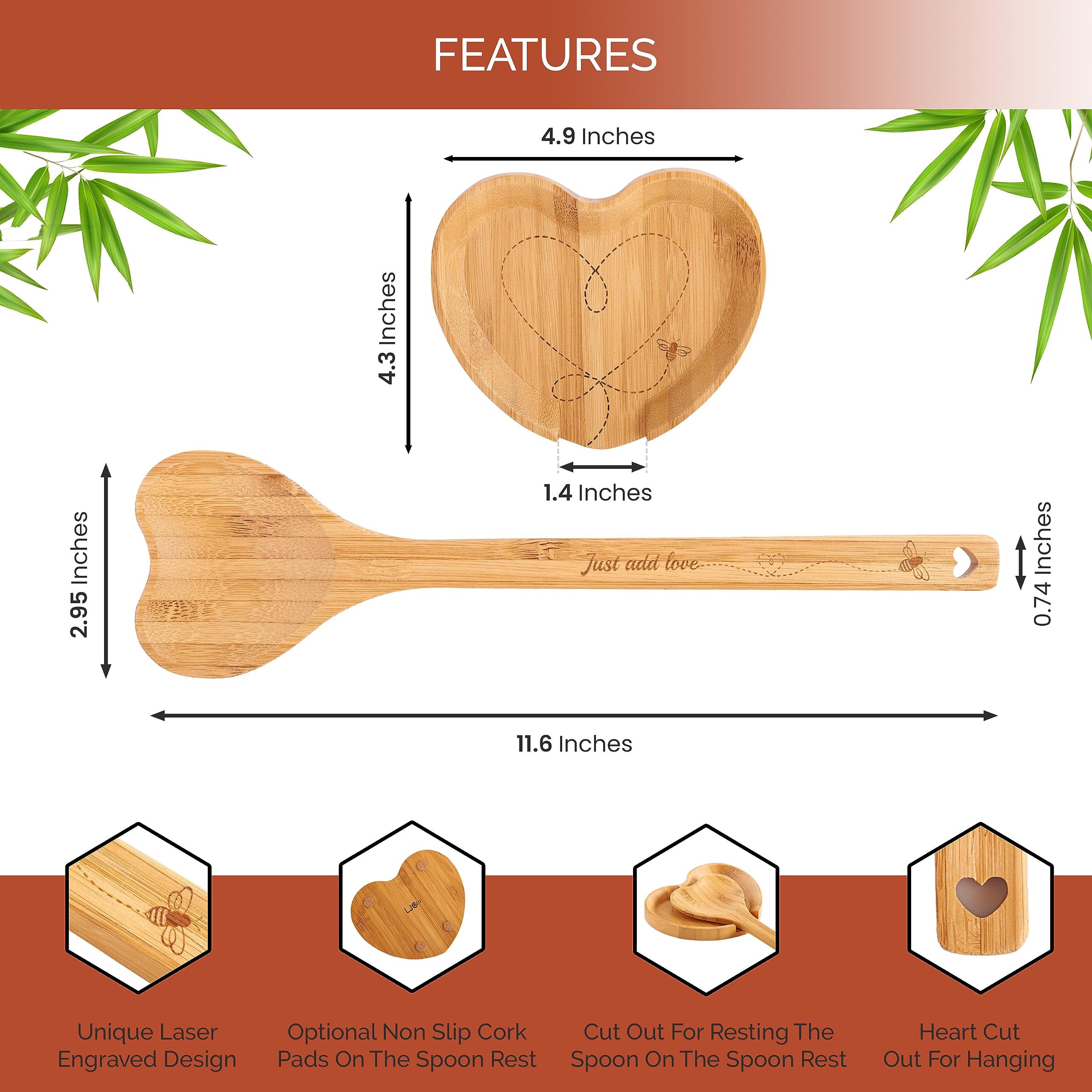 Heart Shaped Wooden Spoon & Heart Spoon Rest With A Unique Bumble Bee Design. Queen Bee Kitchen decor and accessories - Engraved With Just Add Love