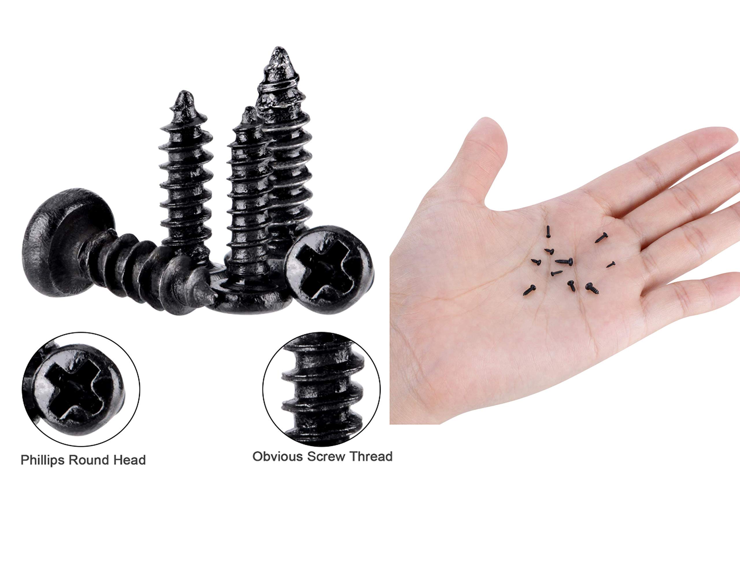 LBY 1000pcs M1.4 M1.7 M2 M2.3 Round Pan Head Self-Tapping Sheetmetal Screw Assortment Kit Round Head Self-Tapping Electronic Mini Wood Screws 10 Sizes Combination Metal Black