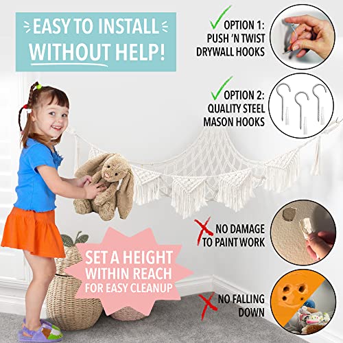 Huddle Macrame Stuffed Animal Hammock for Stuffed Animals - The Original Designer Washable No-Drill Install Toy Net for Stuffed Animals Storage - Boho Stuffed Animal Net Plush Pet Net Corner Display