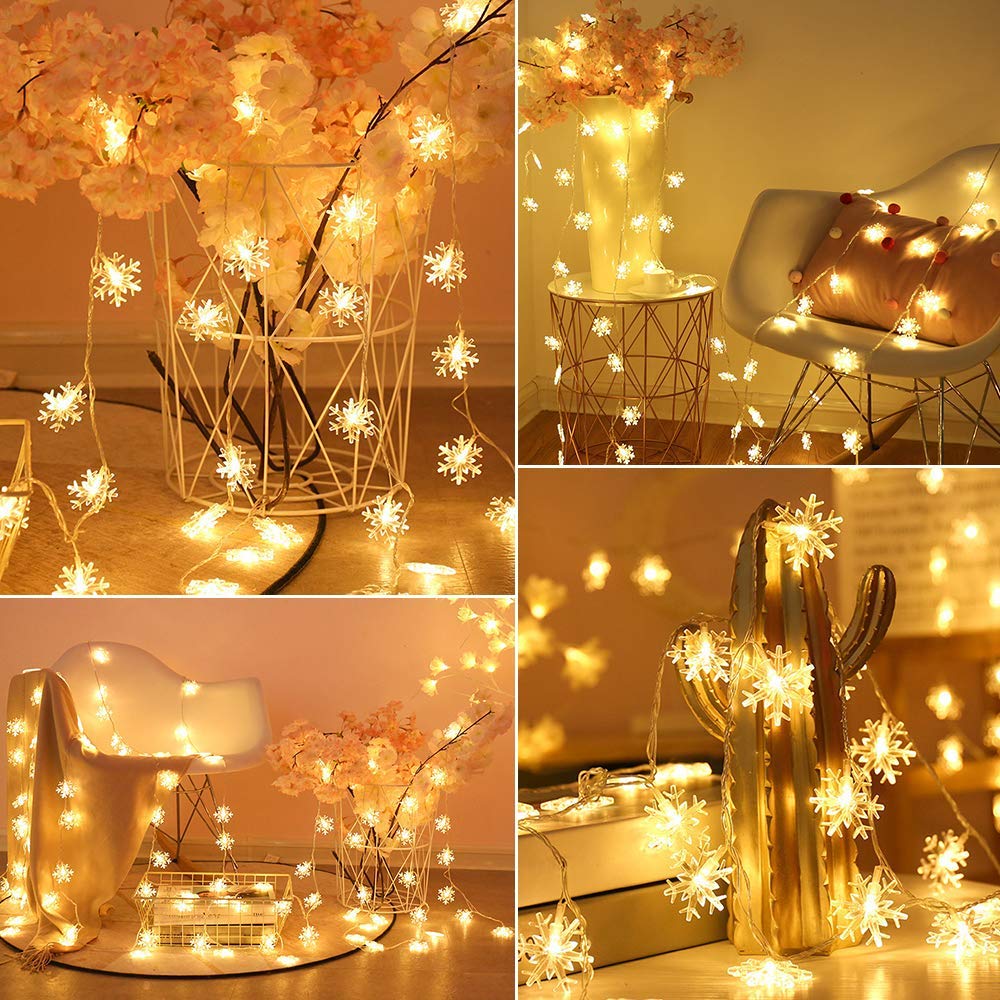 CYOIDAI Lights, 30 LED Snowflake String Lights Battery Operated Waterproof Lights with 8 Lighting Modes Warm White Bedroom Patio Room Garden Party Home Indoor Outdoor Christmas Tree Decorations